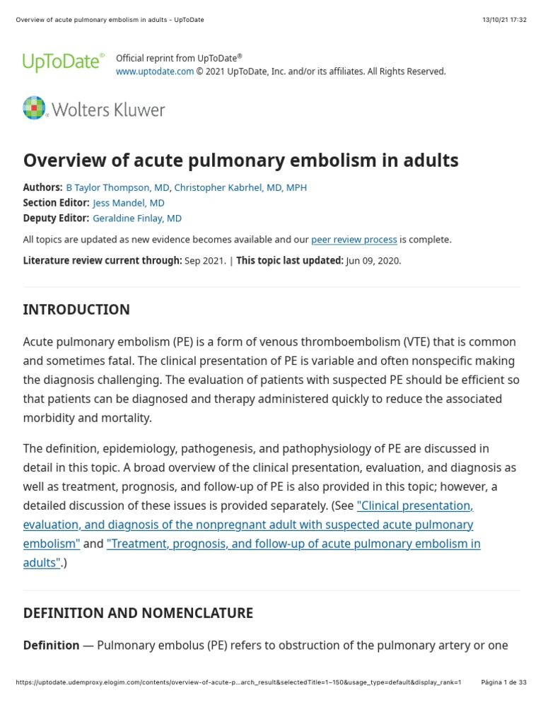 Overview of Acute Pulmonary Embolism in Adults | PDF | Thrombosis | Vein