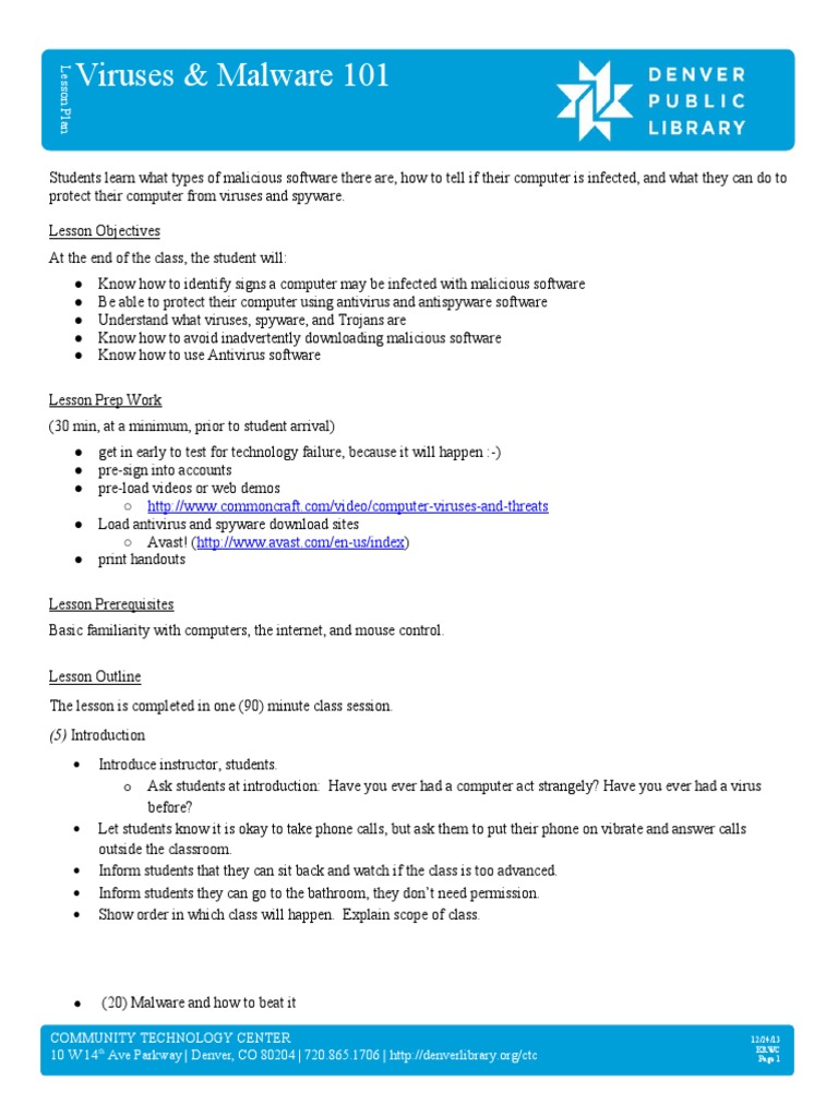 Viruses and Malware 101 Lesson Plan 12-1-13 | PDF | Antivirus Software | Malware