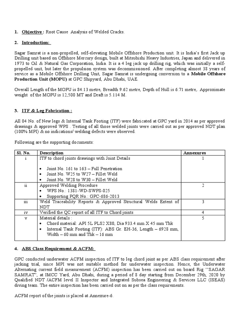 Requirements of RCA For Weld Defects of Leg To ITF Joints | PDF ...