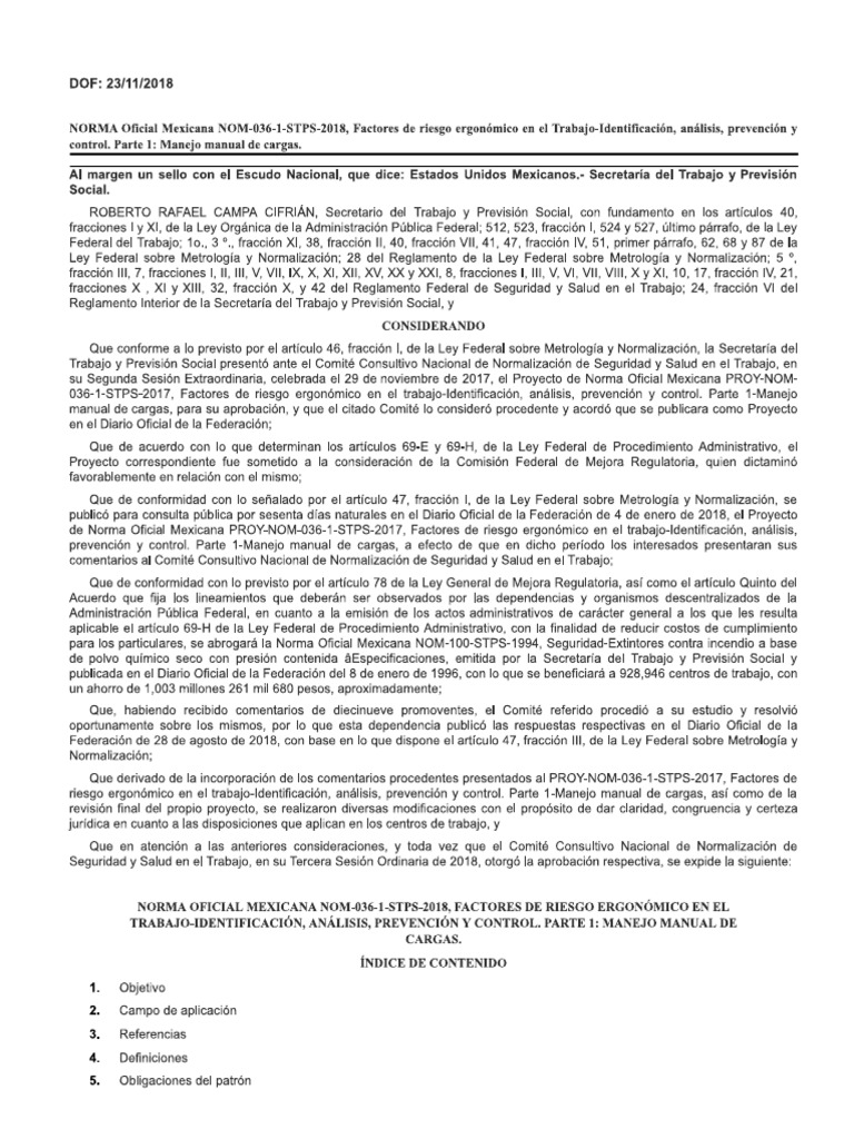 NOM 036 STPS 2018 Factores de Riesgo Ergonómico | PDF