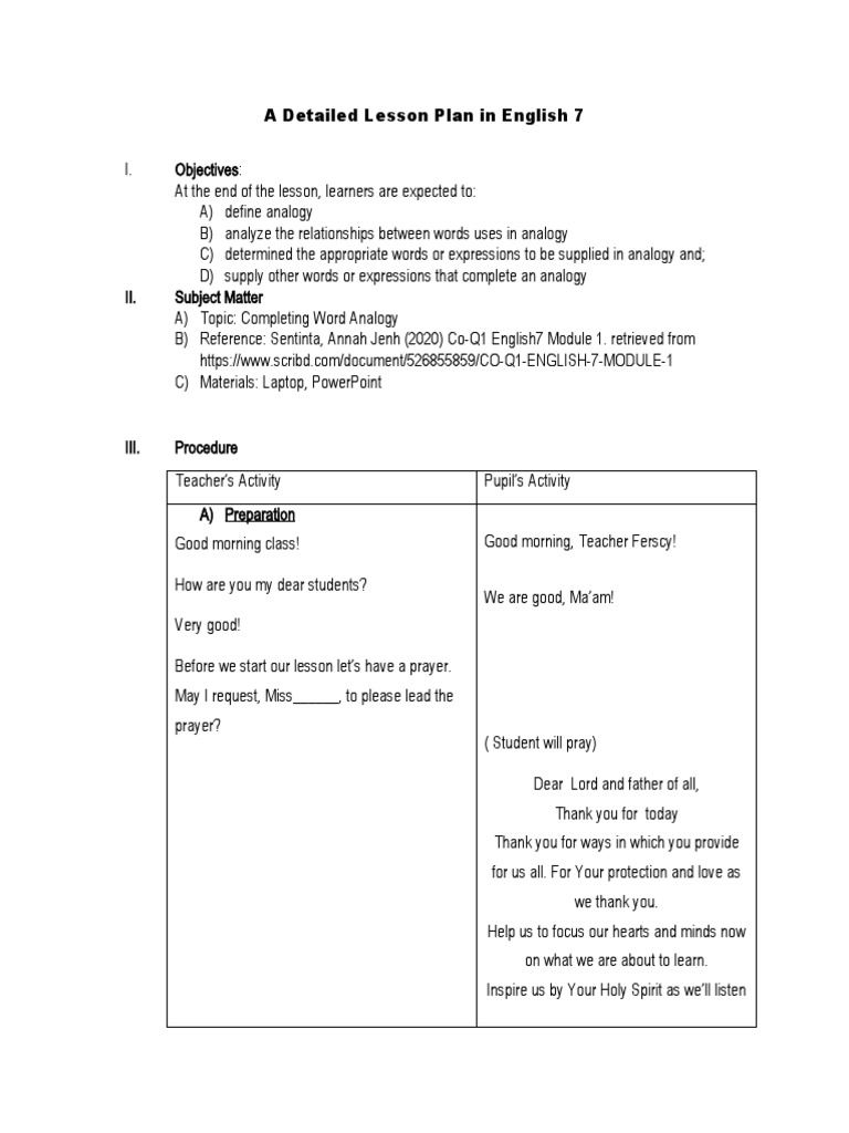 Demo Teaching Detailed Lesson Plan | PDF | Analogy | Lesson Plan