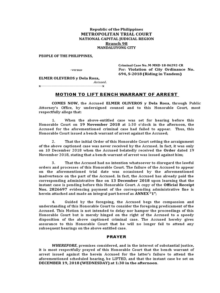 MeTC 98 - OLEVEROS Elmer - Motion To Lift BWA | PDF | Justice | Judiciaries