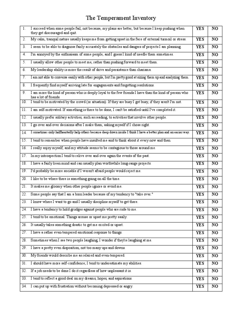The Temperament Inventory | PDF | Metaphysics Of Mind | Psychology