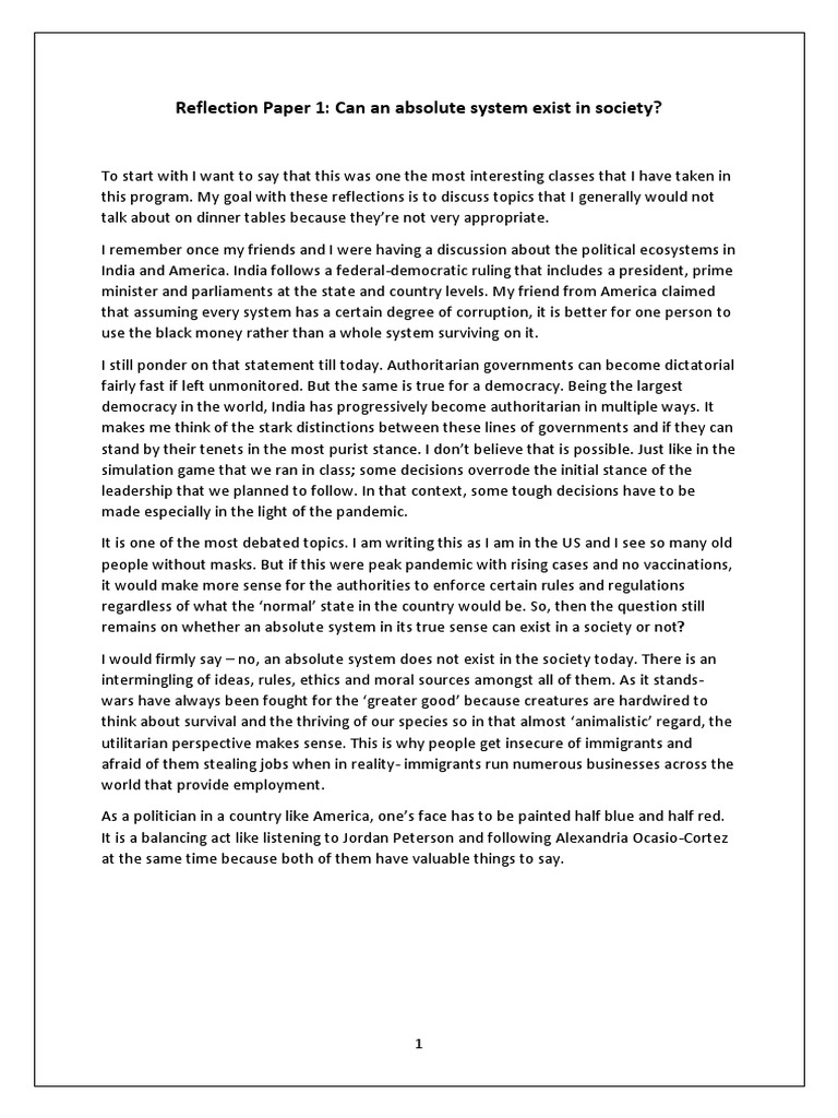 Reflection Paper 1: Can An Absolute System Exist in Society? | PDF ...