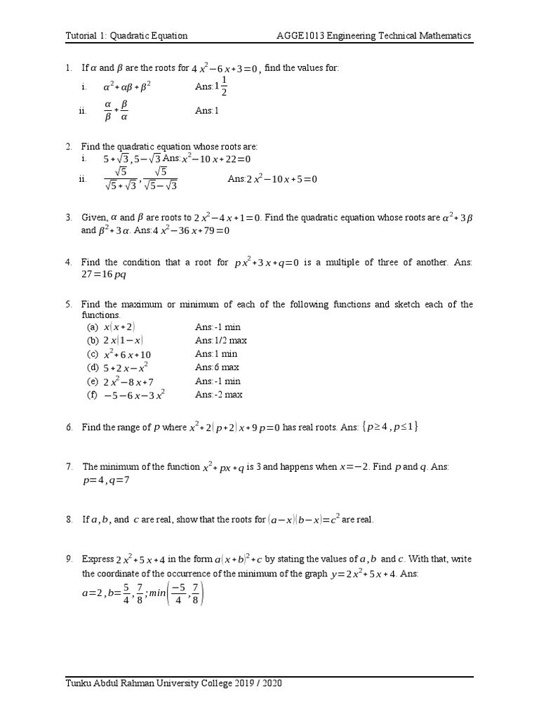 Tutorial 1 Quad Eqn | PDF | Quadratic Equation | Equations
