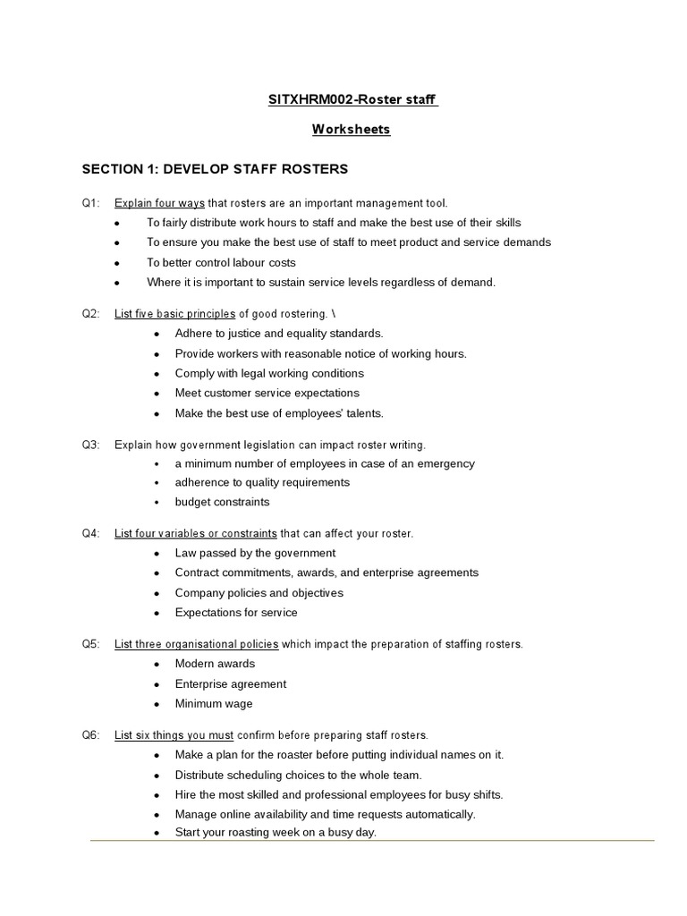 SITXHRM002-Roster Staff Worksheets Section 1: Develop Staff Rosters ...