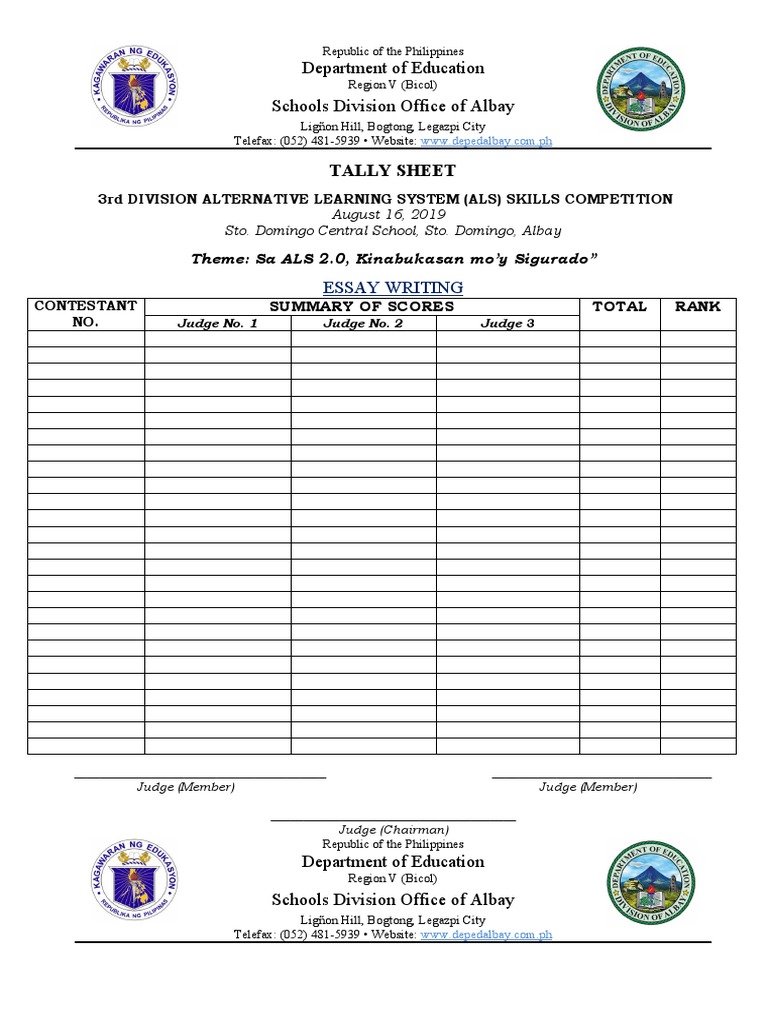Department of Education Schools Division Office of Albay: Tally Sheet ...