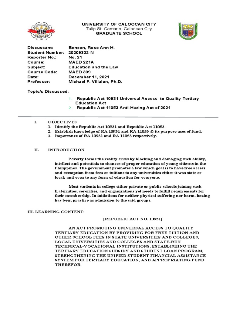 Ra 10931-Ra 11053 | PDF | Fraternities And Sororities | Vocational ...