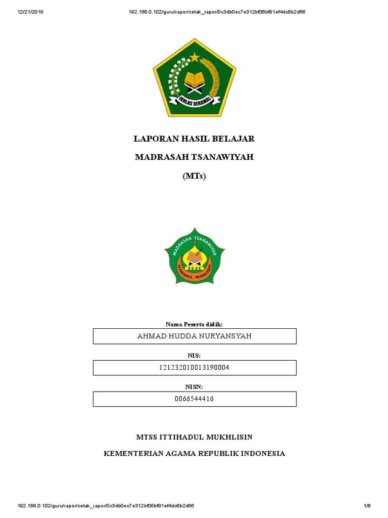 Rapor Ahmad Hudda Nuryansyah MTsS Ittihadul Mukhlisin | PDF