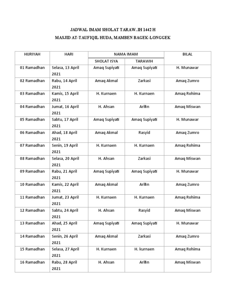 Jadwal Imam Sholat Taraw..Ih 1442 H Masjid At-Taufiqil Huda, Mamben ...