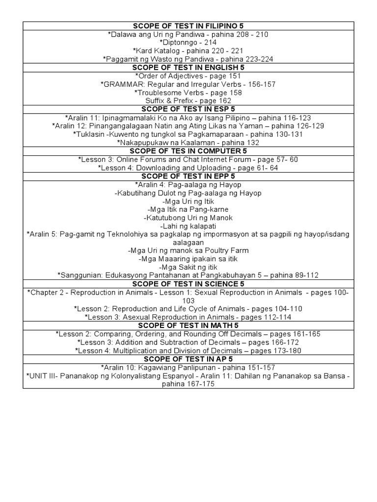 Scope of Test of Grade 5 | PDF