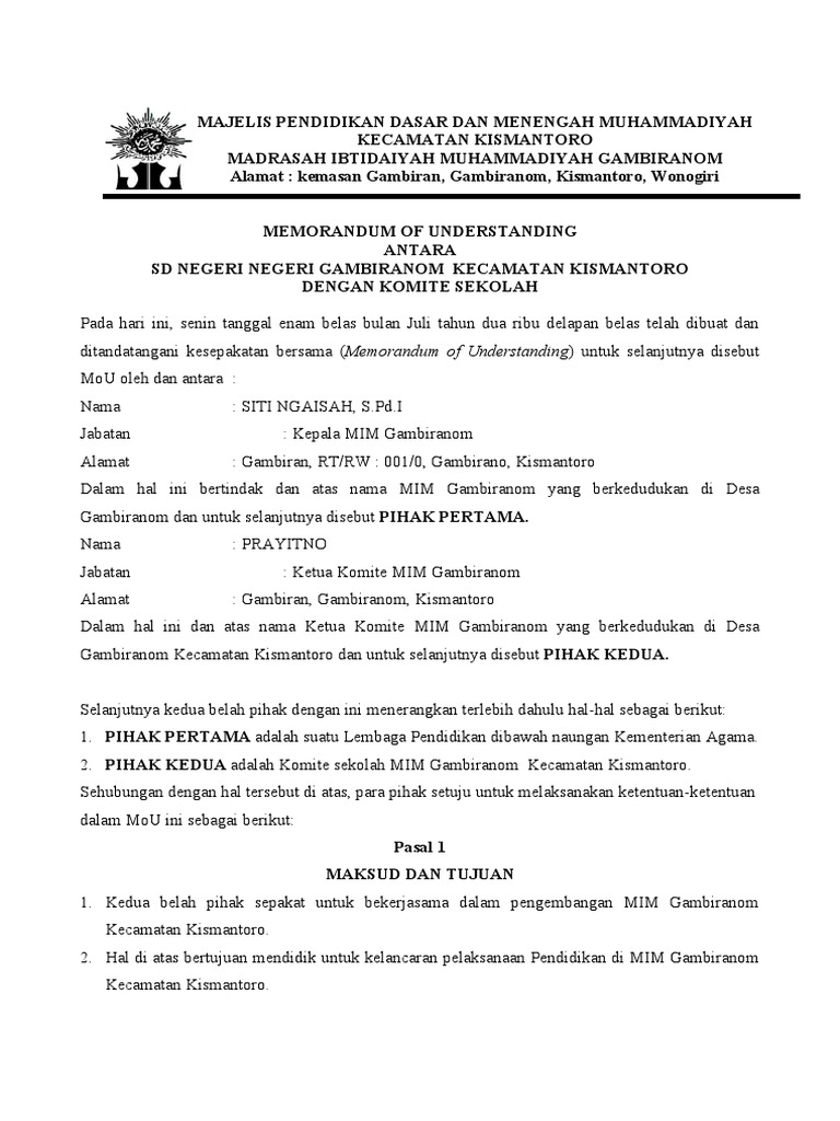 MOU Sekolah Dengan Komite | PDF