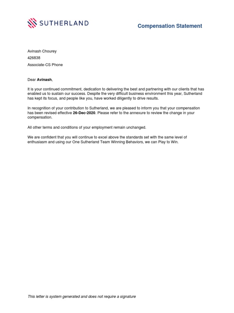 Compensation Statement: This Letter Is System Generated and Does Not ...