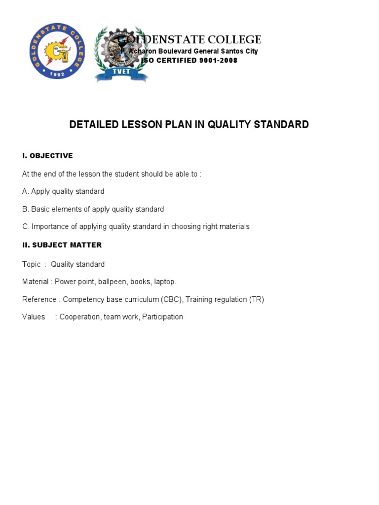 Gedor@detailed Lesson Plan in Quality Standard | Download Free PDF ...