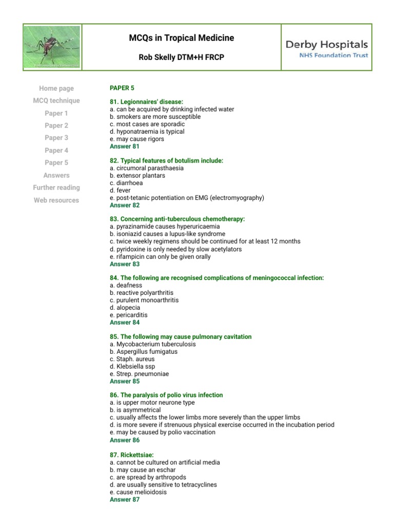 MCQs in Tropical Medicine - Paper 5 | PDF | Hiv/Aids | Infection