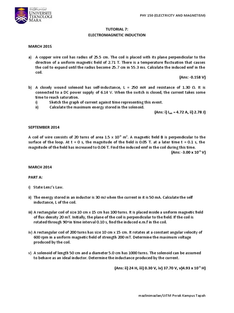 Tutorial 7: Electromagnetic Induction MARCH 2015: Phy 150 (Electricity ...