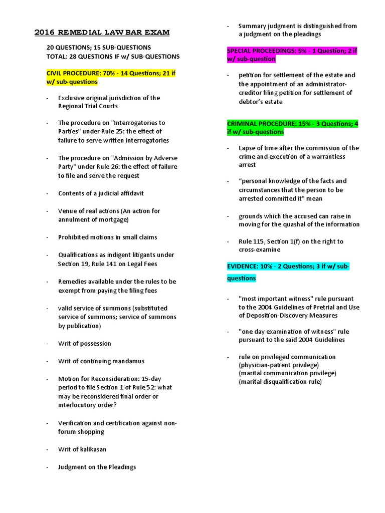 2016 Remedial Law Bar Exam Questions and Suggested Answers | PDF ...