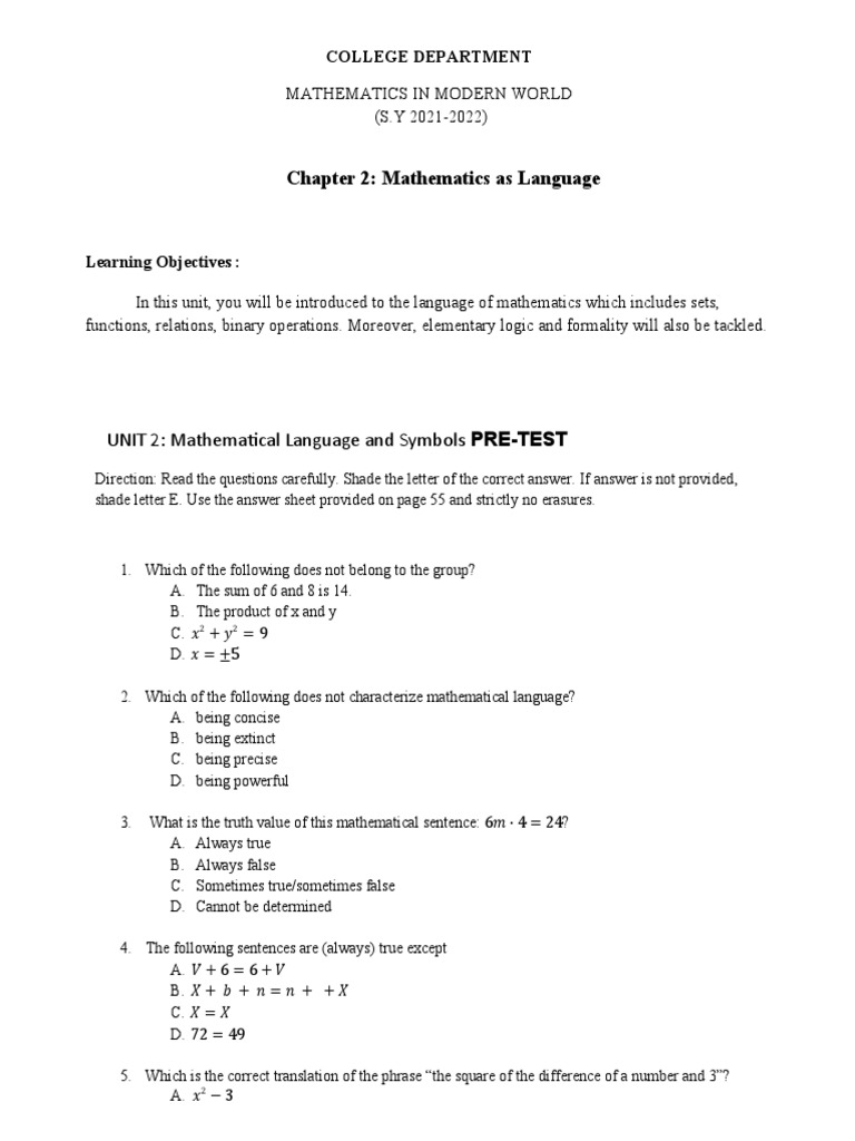 Chapter 2: Mathematics As Language: UNIT 2: Mathematical Language and ...