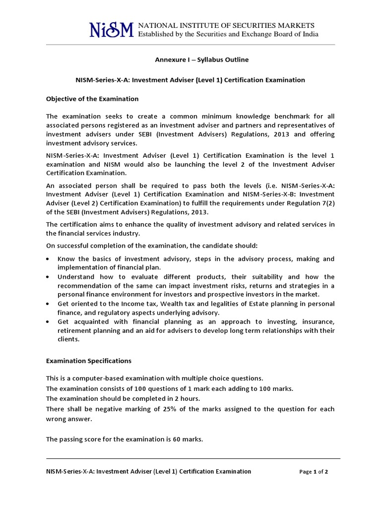 Annexure I - Syllabus Outline NISM-Series-X-A: Investment Adviser (Level 1) Certification ...