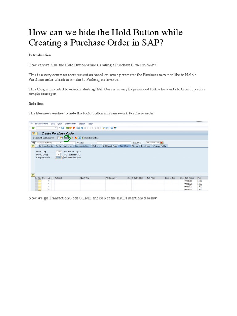 How Can We Hide The Hold Button While Creating A Purchase Order in SAP ...