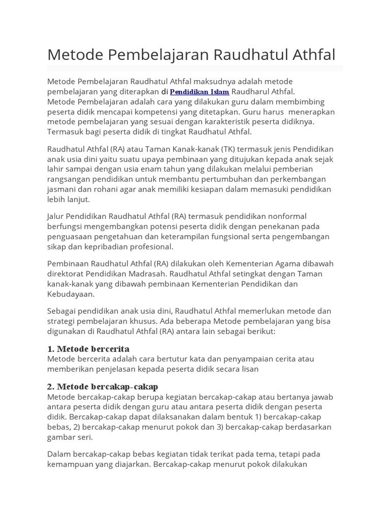 Metode Pembelajaran Raudhatul Athfal | PDF