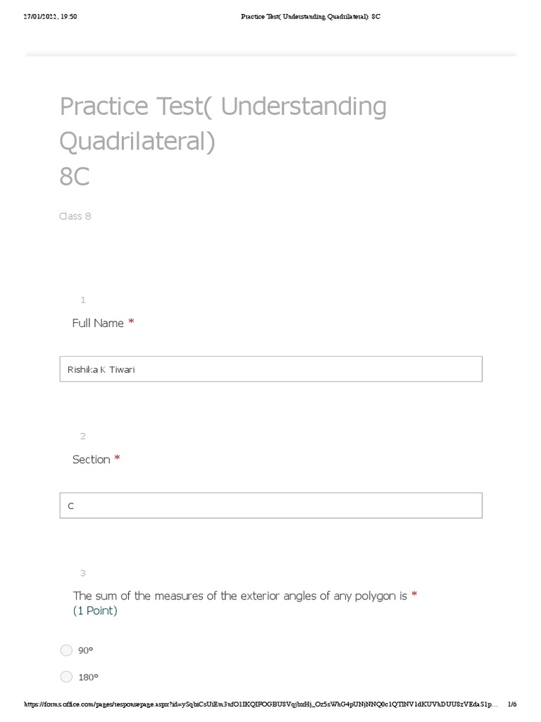 Practice Test (Understanding Quadrilateral) 8C | PDF | Angle | Polygon