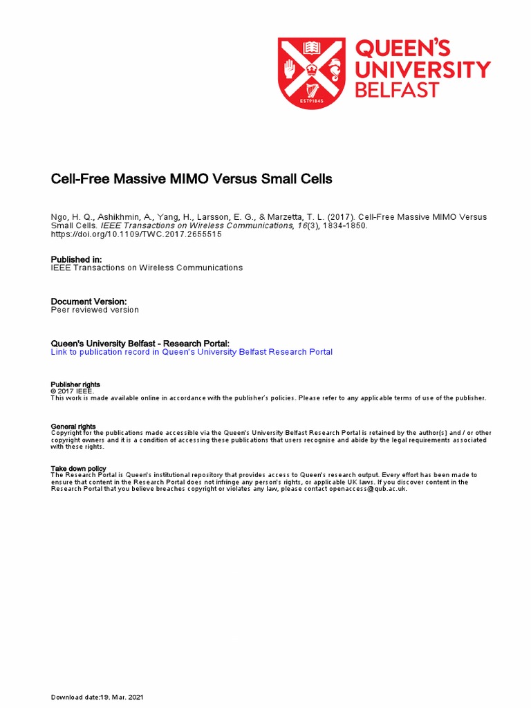 NAY17 - Cell-Free Massive MIMO Versus Small Cells | PDF | Mimo | Duplex ...