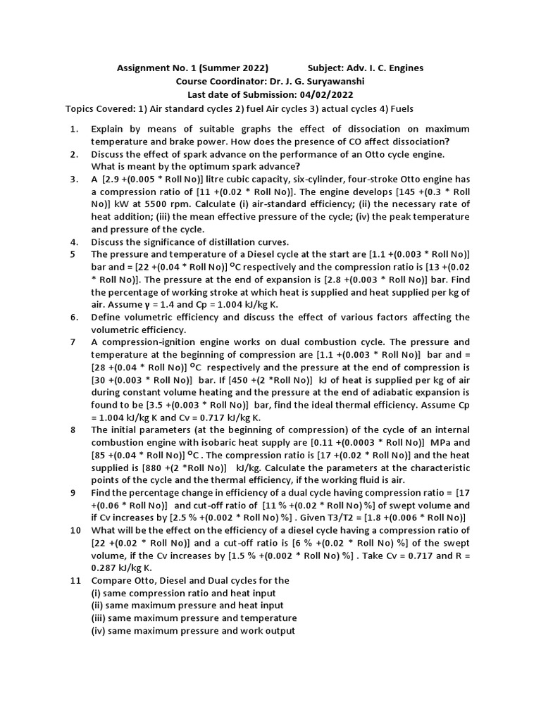 Assignment No. 1 (Summer 2022) Subject: Adv. I. C. Engines Course ...