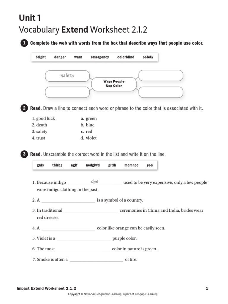 Vocabulary Extend Worksheet 2.1.2: Unit 1 | PDF