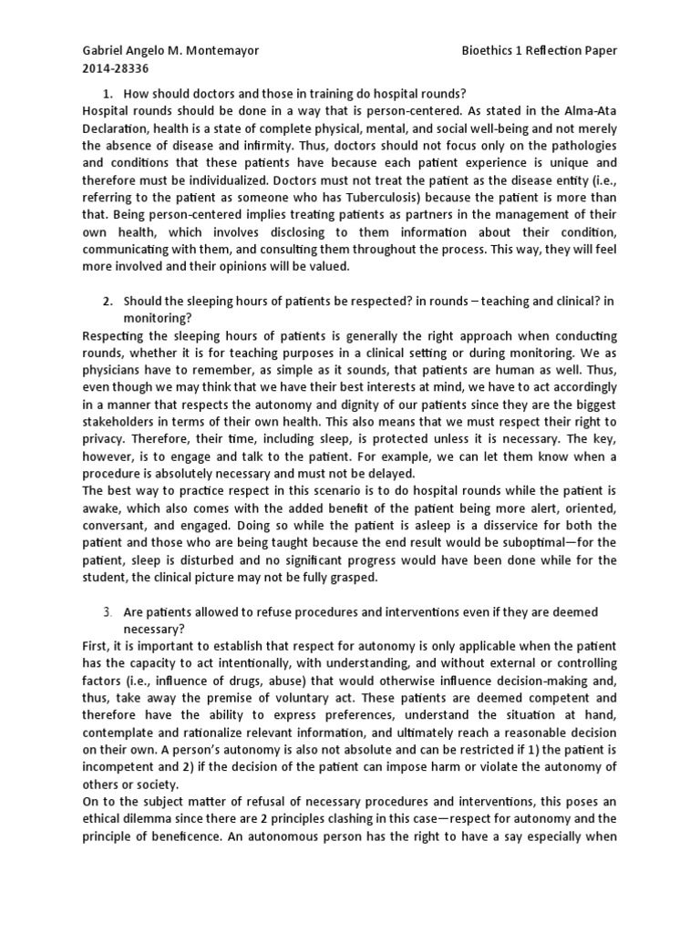 Bioethics Reflection Paper Module 1 | PDF | Autonomy | Psychology