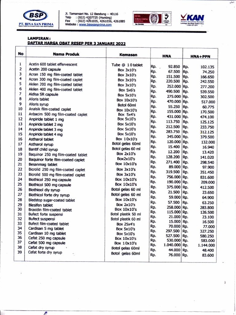 Harga Obat dan Infus Sanbe 2022 | PDF | Pharmaceutical Sciences ...