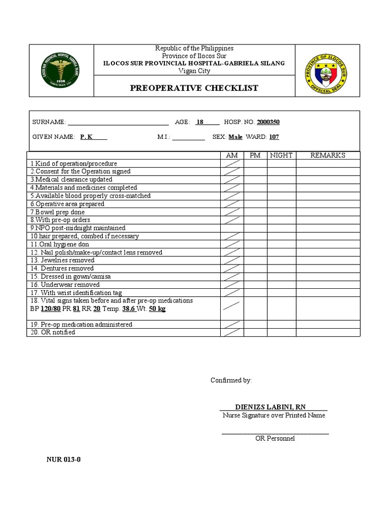 Preoperative Checklist: Ilocos Sur Provincial Hospital-Gabriela Silang | PDF