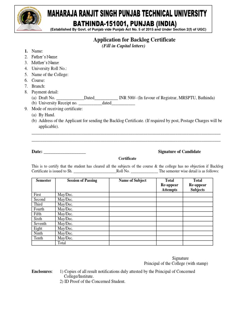 Backlog Certificate Proforma PDF Government