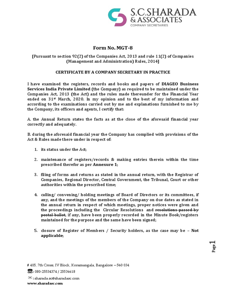 Form No. MGT-8: Certificate by A Company Secretary in Practice | PDF | Securities (Finance ...