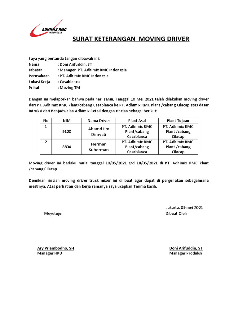 Surat Keterangan Moving Driver Adhimix | PDF
