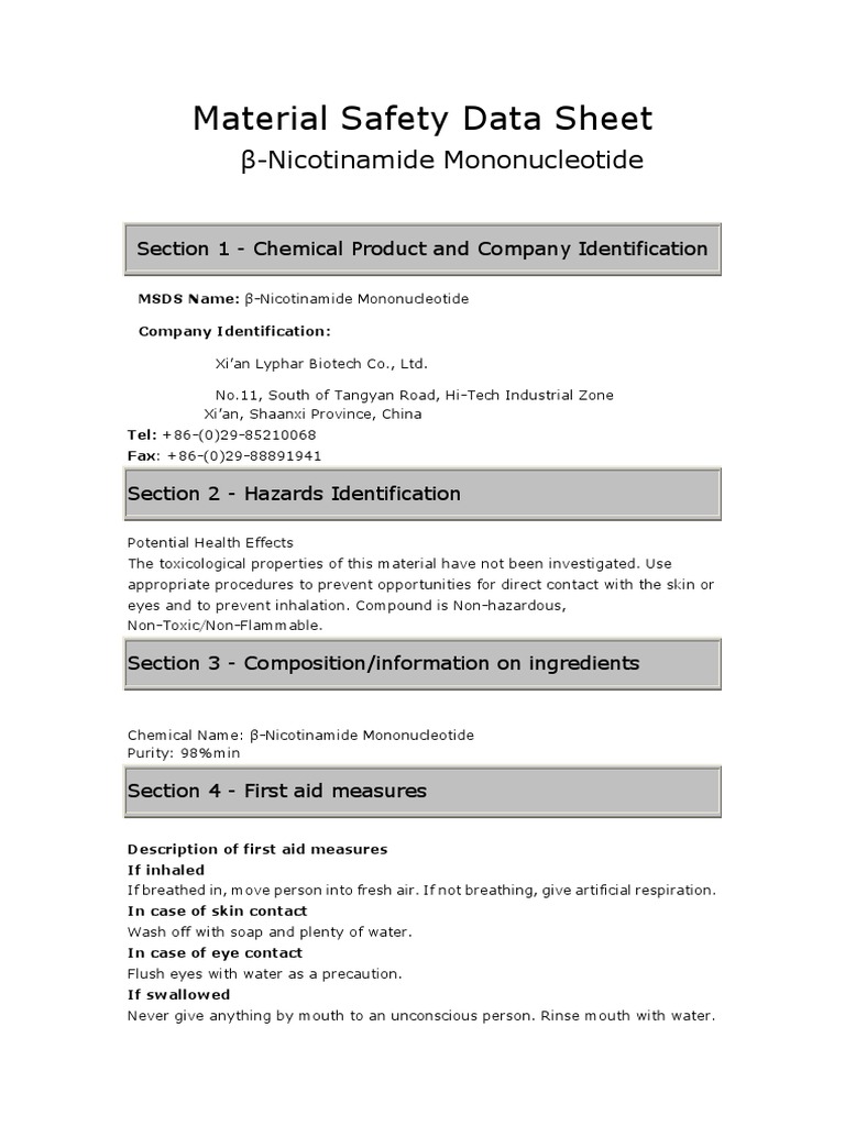 NMN MSDS | PDF | Personal Protective Equipment | Toxicity