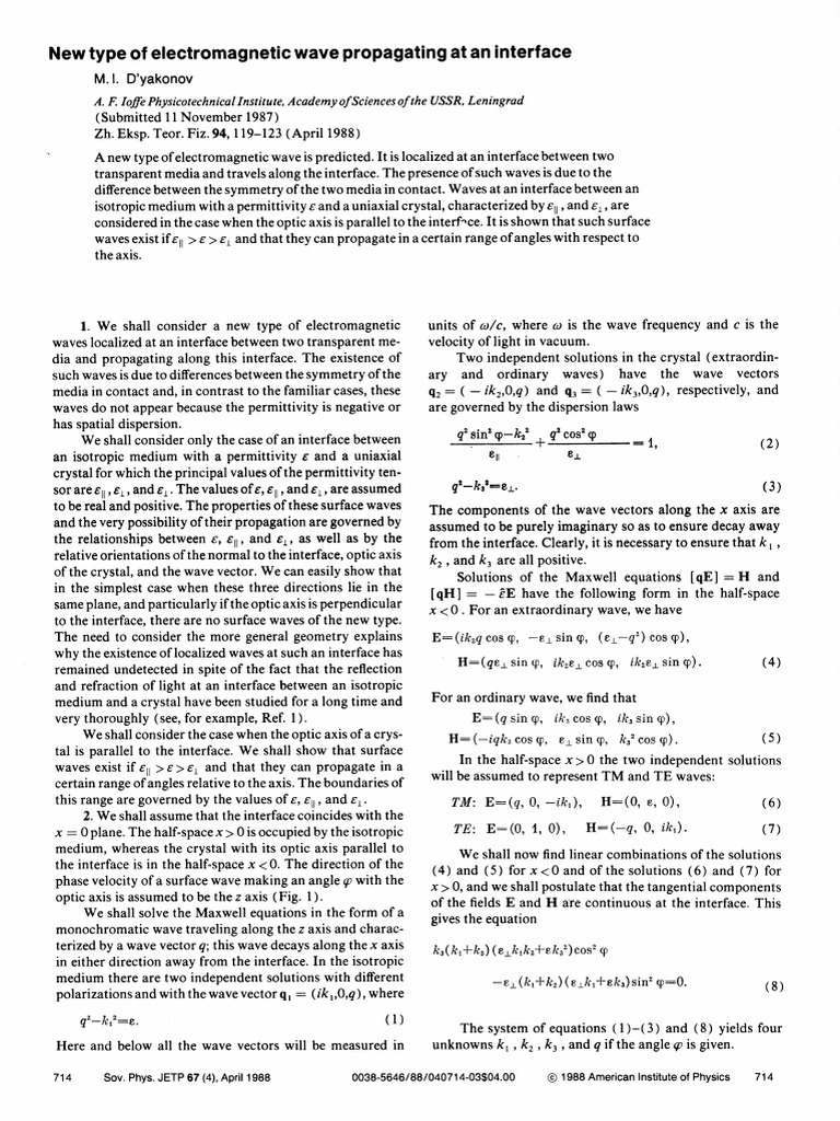 New Type of Electromagnetic Wave Propagating at An Interface | PDF ...