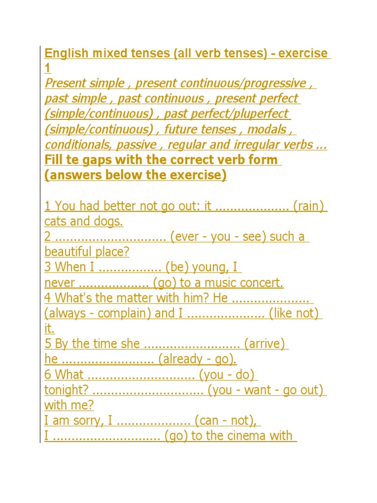 English Mixed Tenses All Verb Tenses Exe | PDF | Linguistic Typology ...