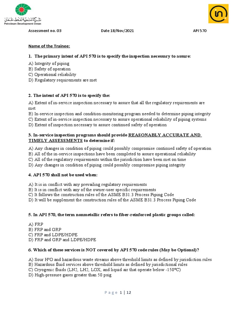 Assessment 3 API 570 | PDF | Pipe (Fluid Conveyance) | Strength Of ...