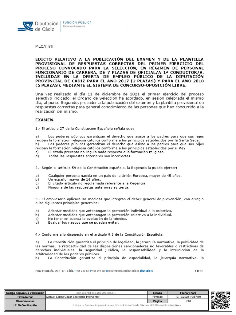 Examen y Plantilla Provisional Respuestas Correctas Del 1er Ejercicio | PDF | Neumático