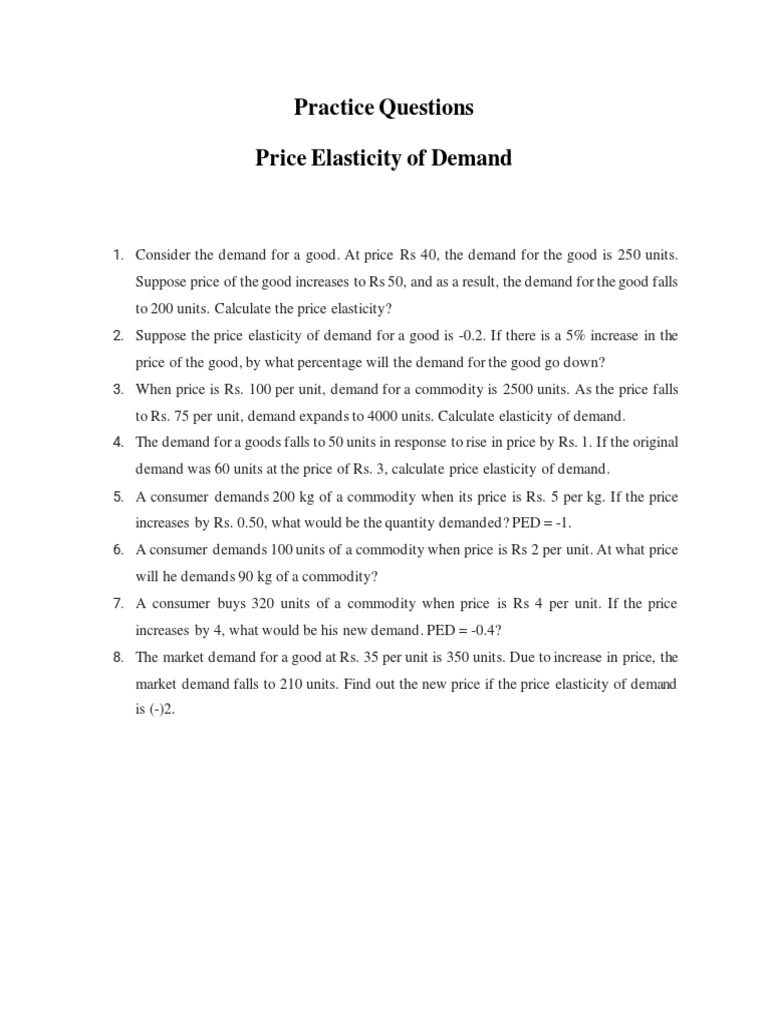 Practice Questions Price Elasticity of Demand | PDF