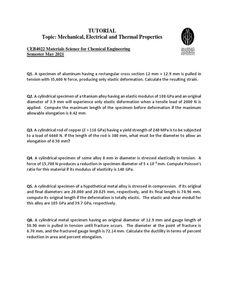 Tutorial 2 Chapter 3 - Mechanical, Electrical and Thermal Properties | PDF | Elasticity (Physics ...
