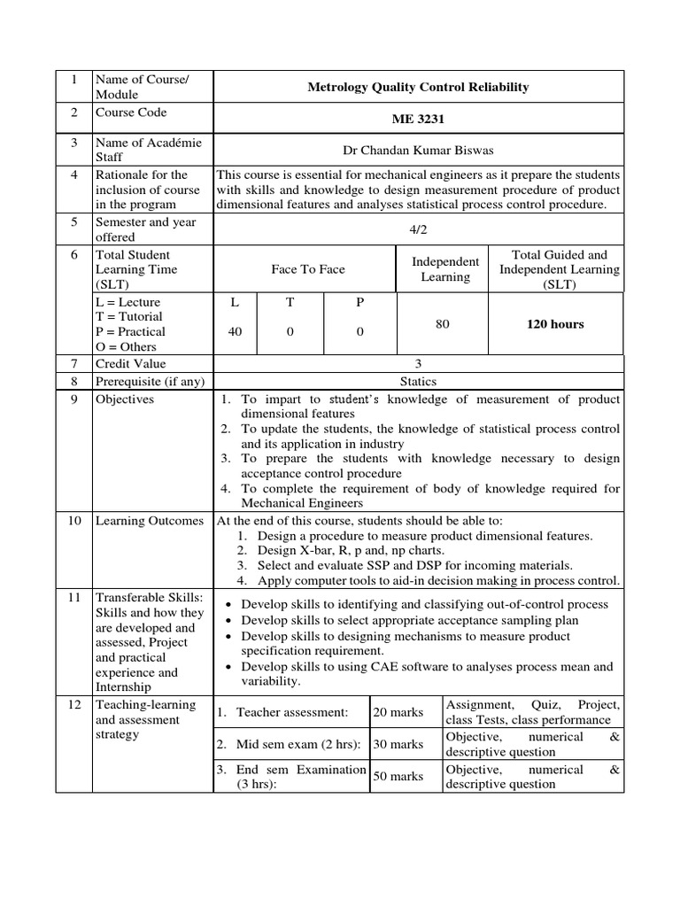 Metrology Quality Control Reliability ME 3231 | PDF | Reliability Engineering | Metrology