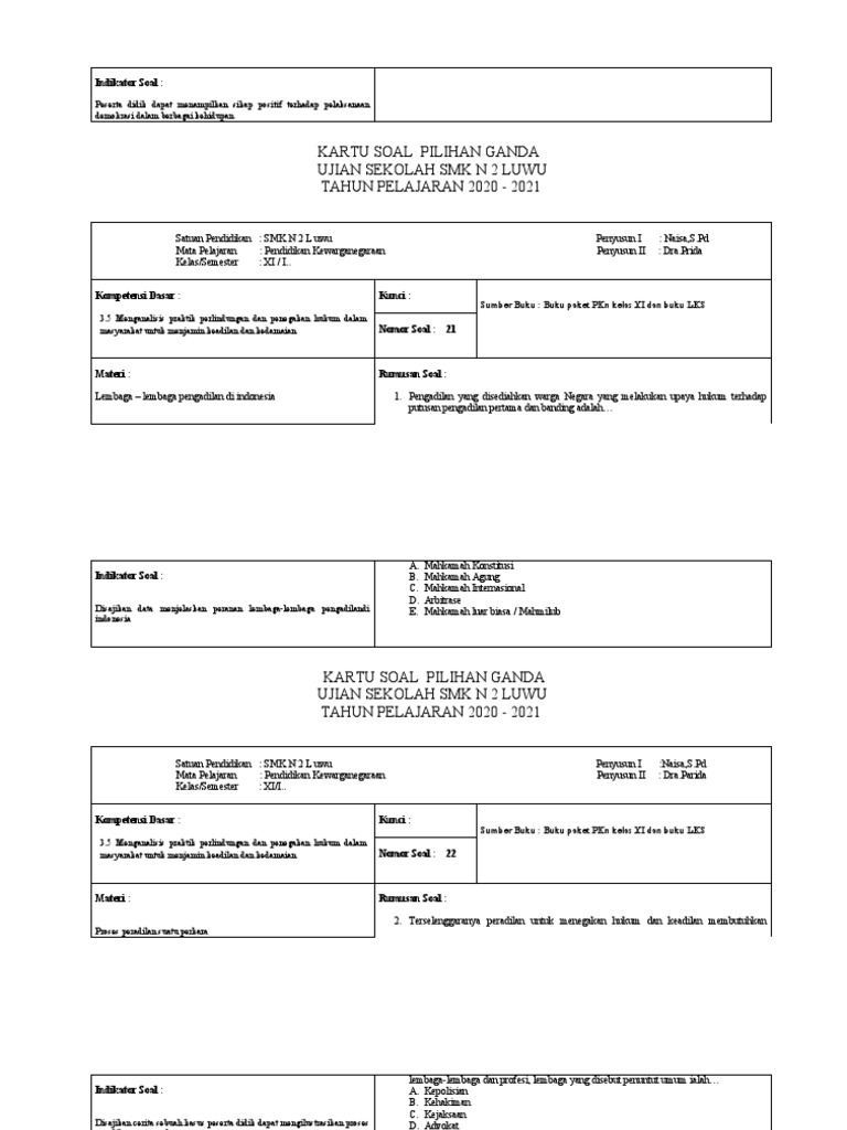 Kartu Soal Uas 2021 - Yg 2 | PDF