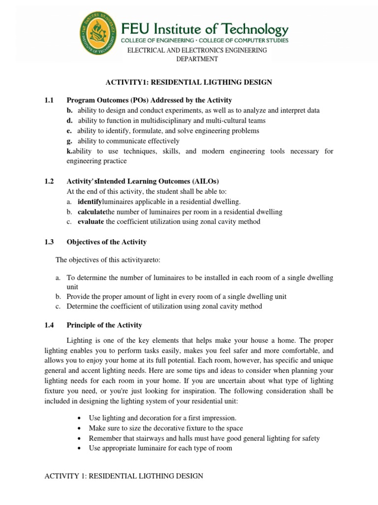 Activity 1 Illumination Engineering Design | PDF | Lighting | Engineering