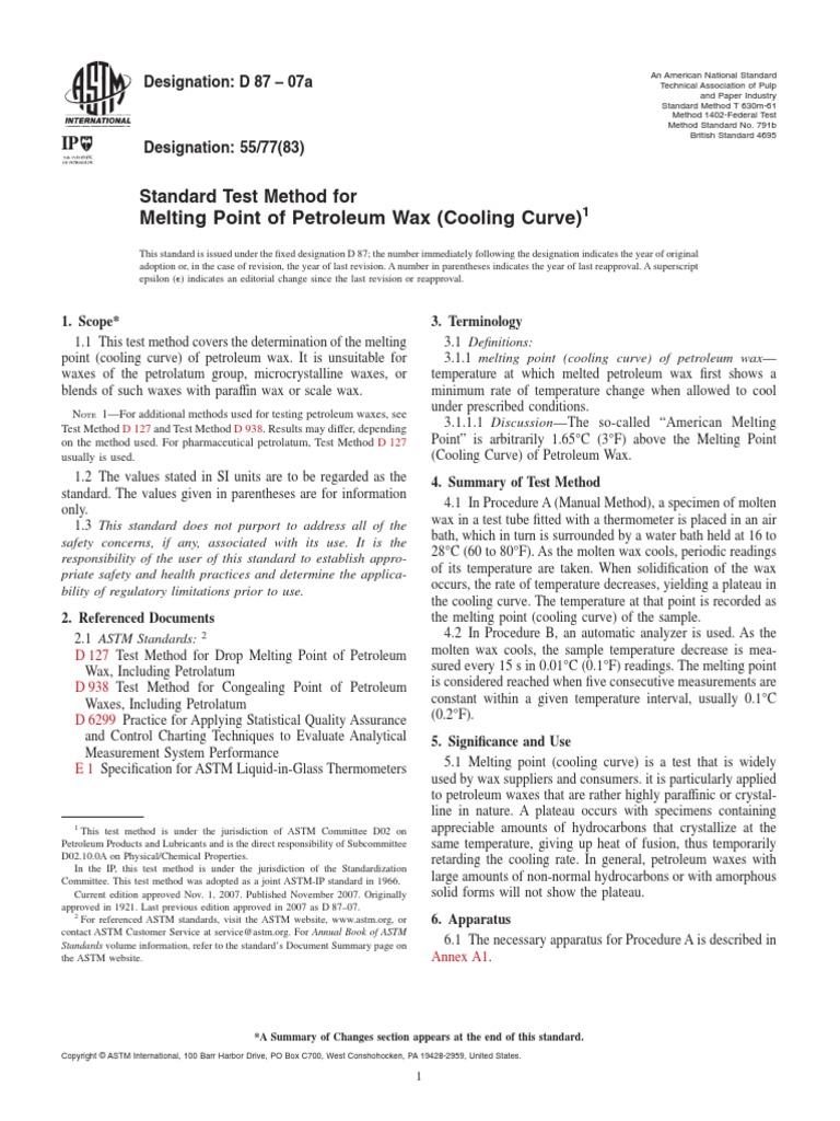 D87 Melting Point of Petroleum Wax (Cooling Curve) | PDF | Melting ...