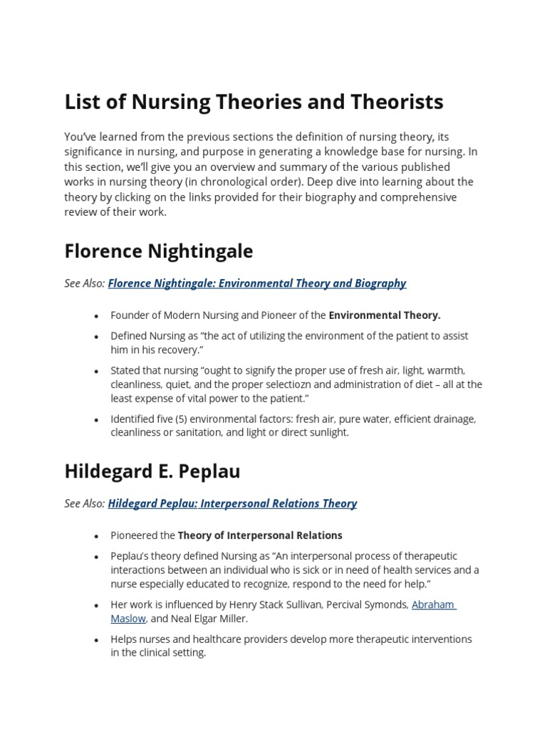 List of Nursing Theories and Theorists | PDF | Nursing | Health Sciences
