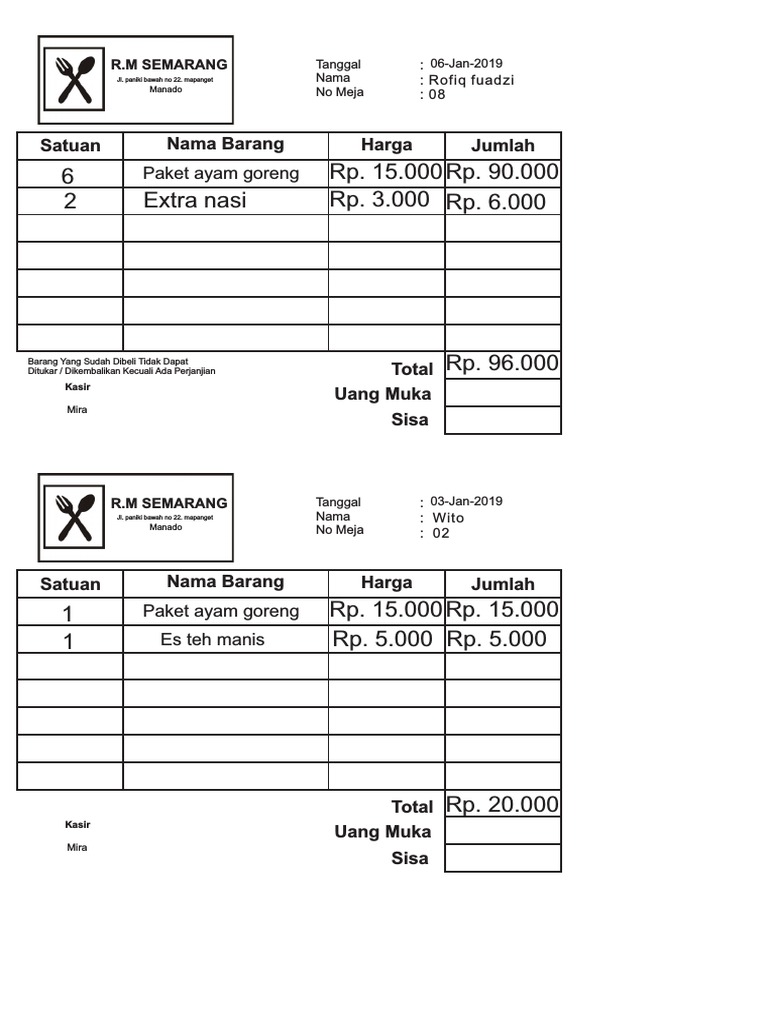 Nota Penjualan Makanan R.M Semarang | PDF