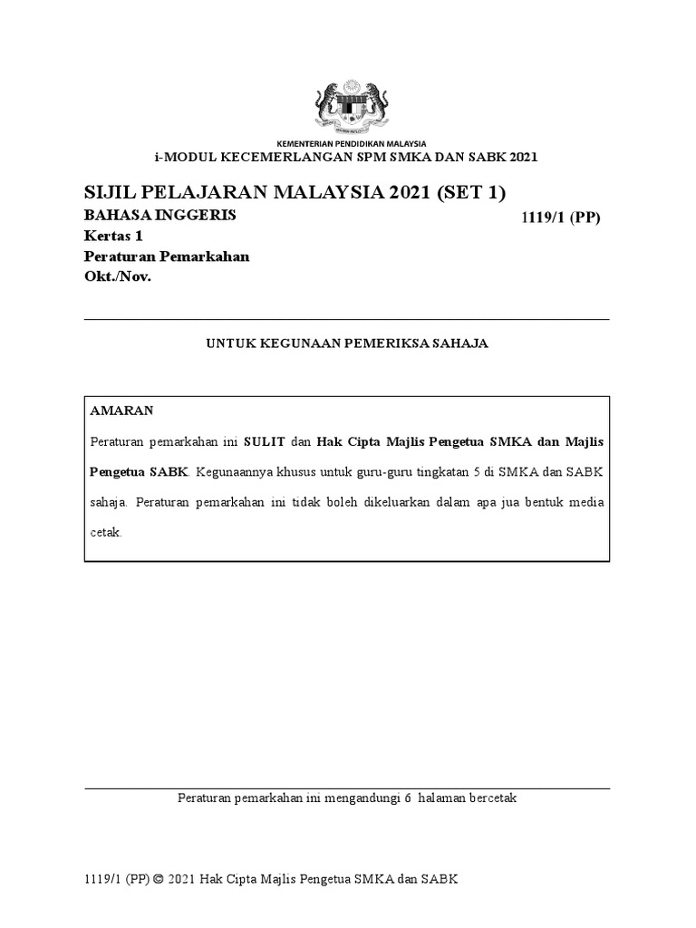 Skema Trial English Smka & Sabk K1 Set 1 | PDF | Educational Assessment ...