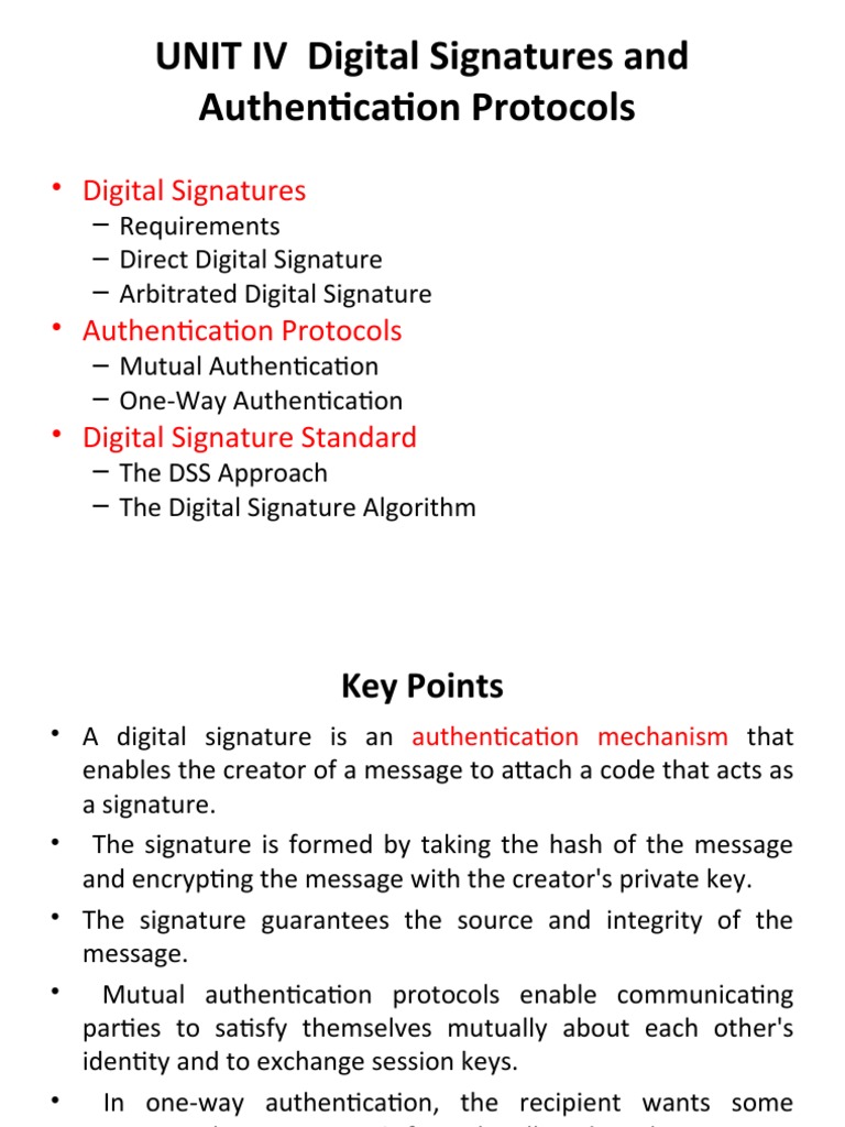 UNIT IV Digital Signatures and Authentication Protocols | PDF | Public Key Cryptography | Key ...